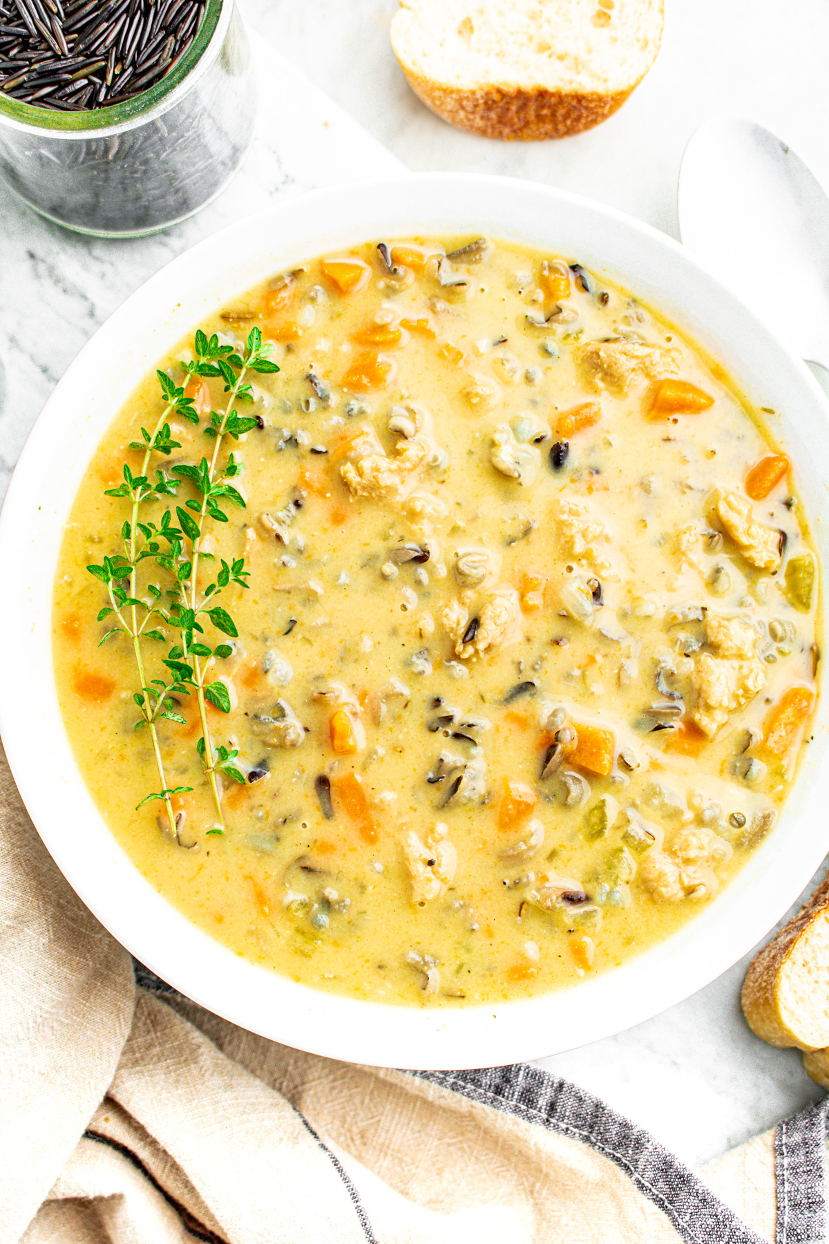 Creamy Vegan Wild Rice Soup with Soy Curl Chicken
